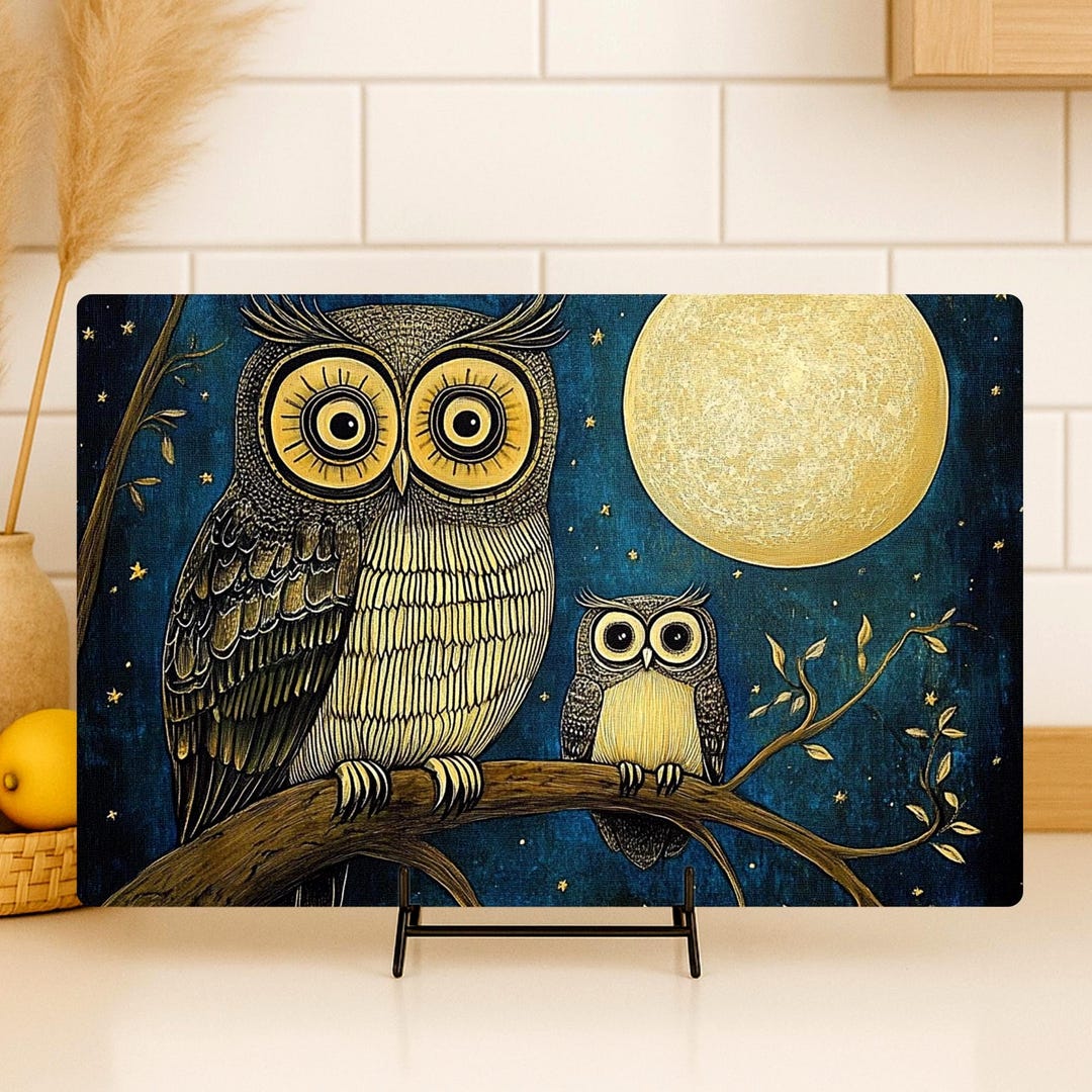 Owls Under Moon Glass Cutting Board, Starry Night Woodland Kitchen Art ...