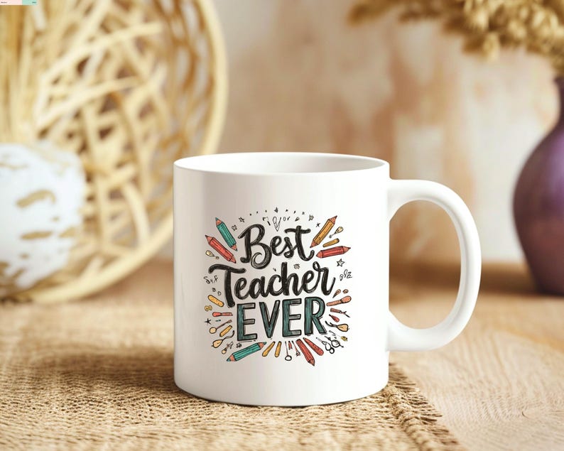 Best Teacher Ever Mug, Typography Teacher Coffee Mug 11oz, Watercolor ...