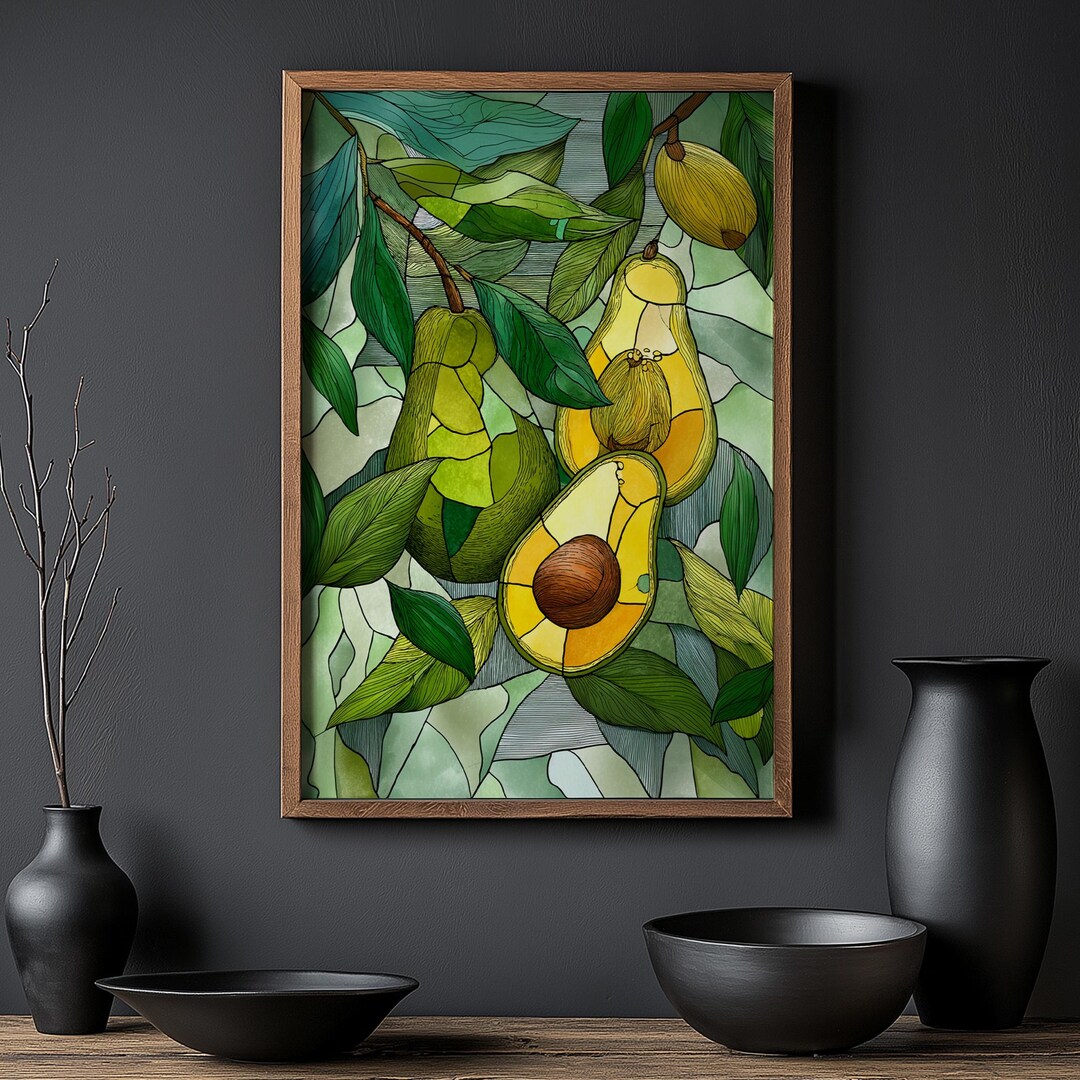 Stained Glass Avocado Art Print | Botanical Kitchen Wall Decor ...