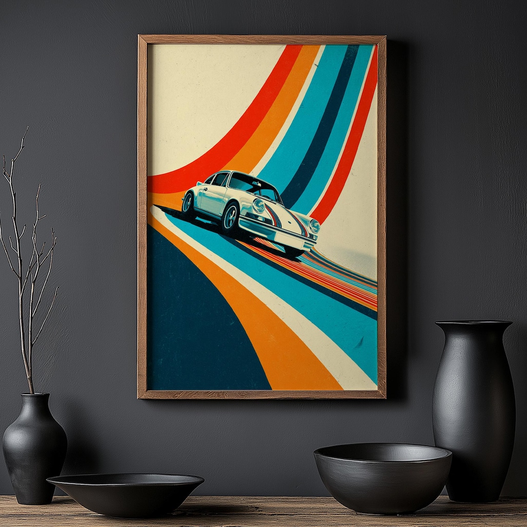 Retro Porsche 911 Poster 1970s Vintage Racing Car Print Colorful Stripe ...
