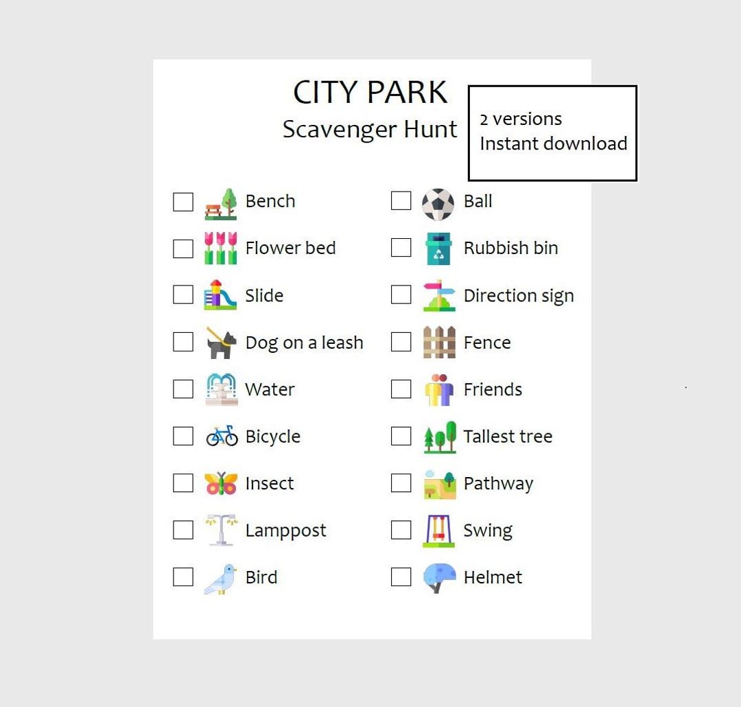 CITY PARK Scavenger Hunt for Kids, Treasure Hunt, Outdoor Scavenger ...