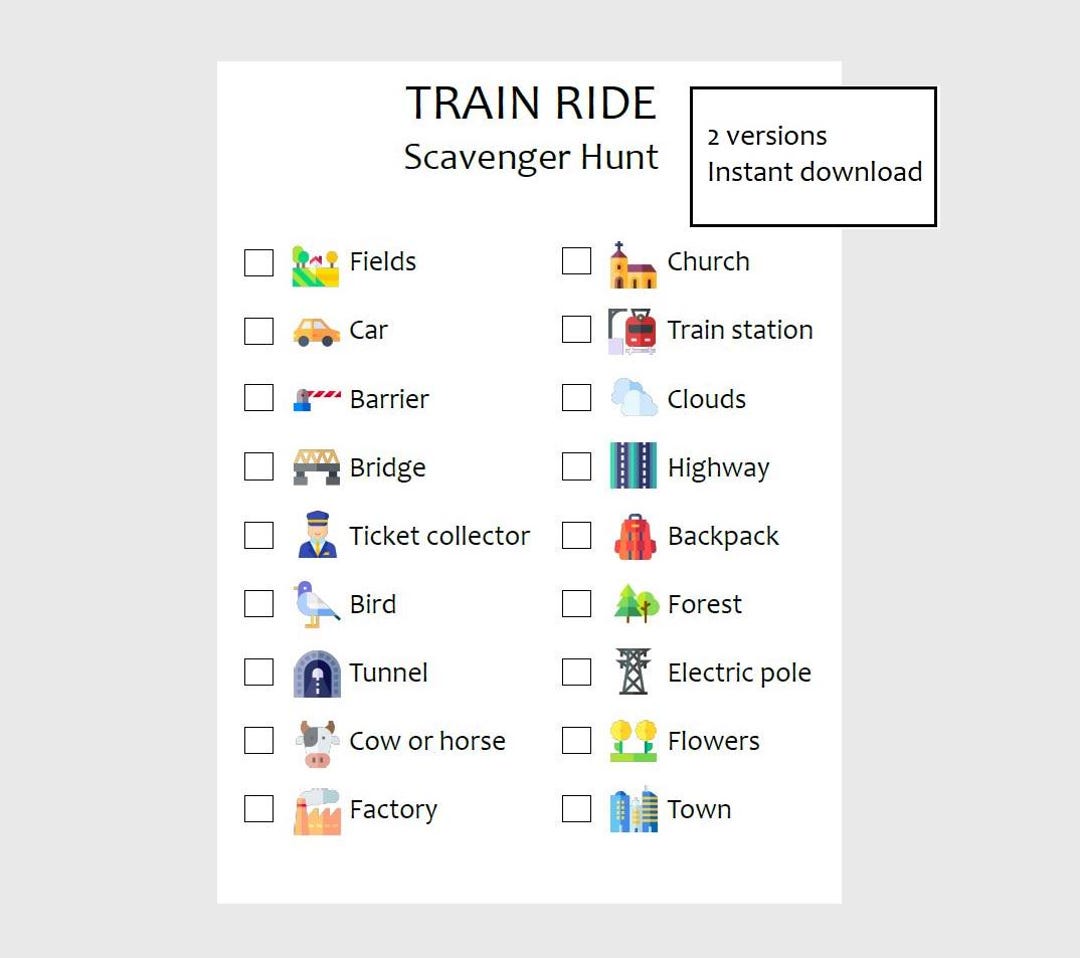 TRAIN RIDE Scavenger Hunt for Kids, Treasure Hunt, Outdoor Scavenger ...
