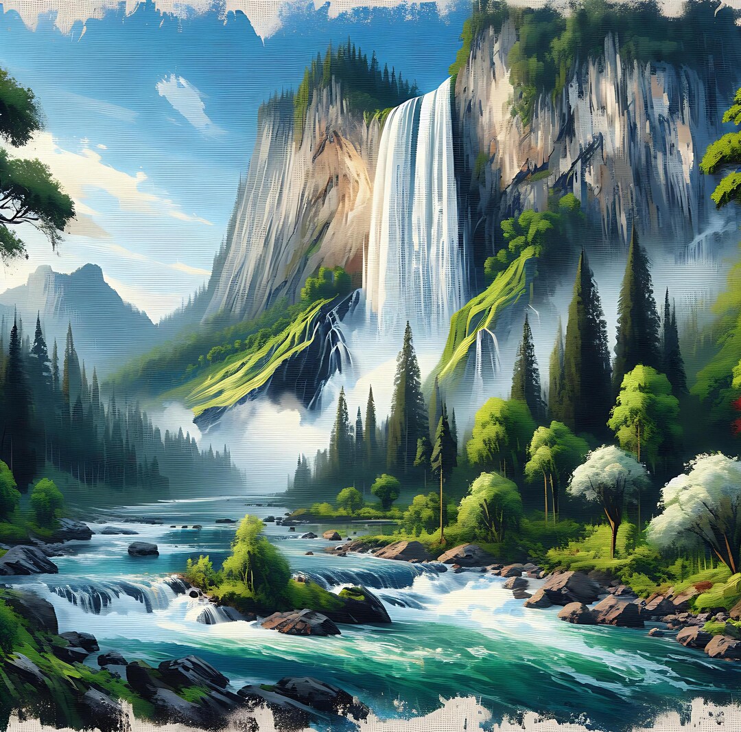 Ethereal Waterfall Landscape Art Print: Calming Nature Poster (digital ...