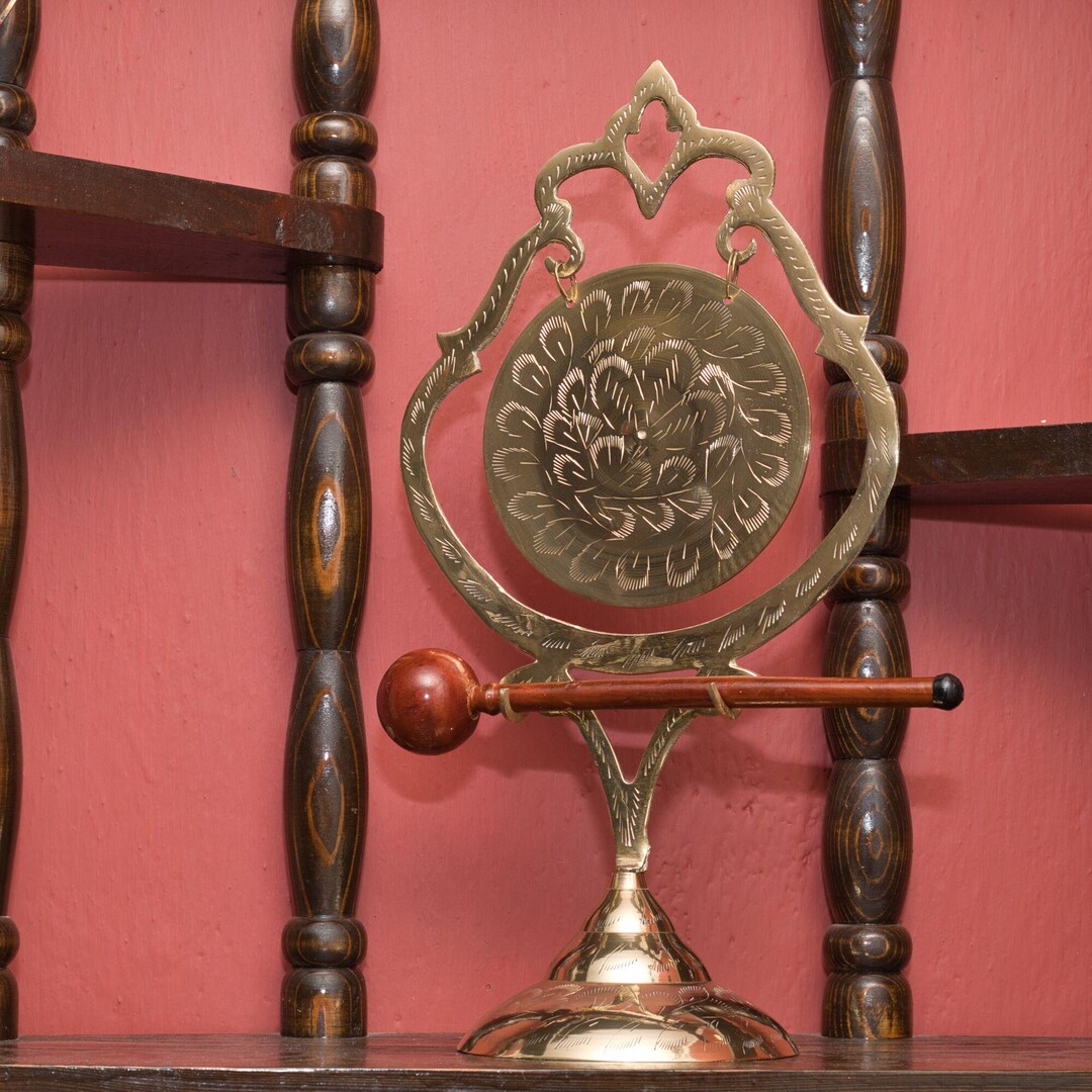 Vintage Big Brass Table Gong With Wooden Mallet, Ornamental Brass Gong ...