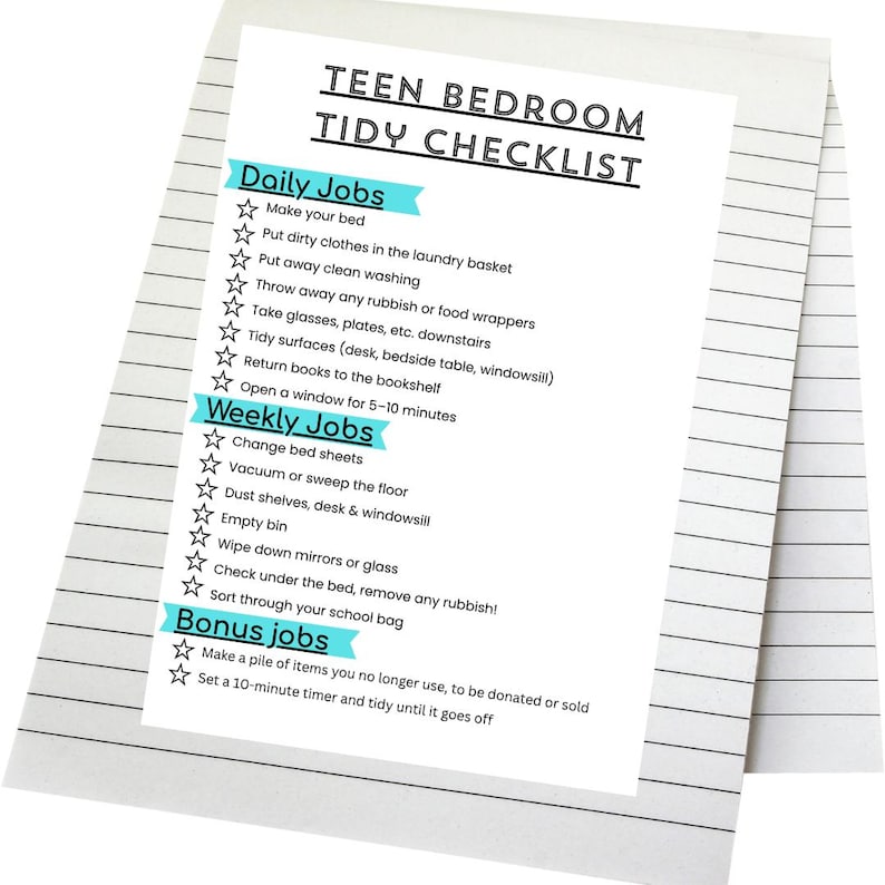 Teen Bedroom Cleaning Checklist Printable, Tidy Room Routine Chart for ...