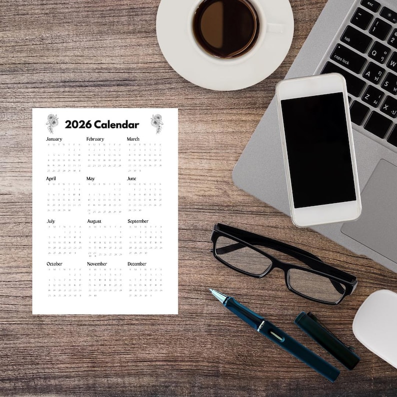 Printable 2026 Calendar, Simple One Page Year View, Fine Line Floral ...