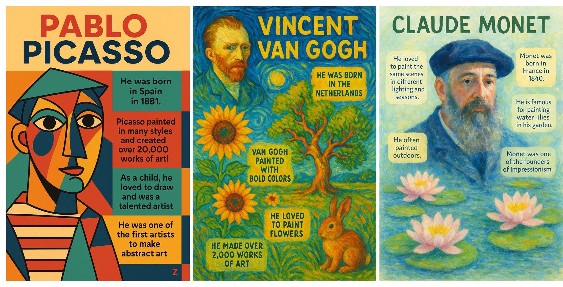Famous Artists Poster Set – Picasso, Van Gogh, Monet – Educational Art ...