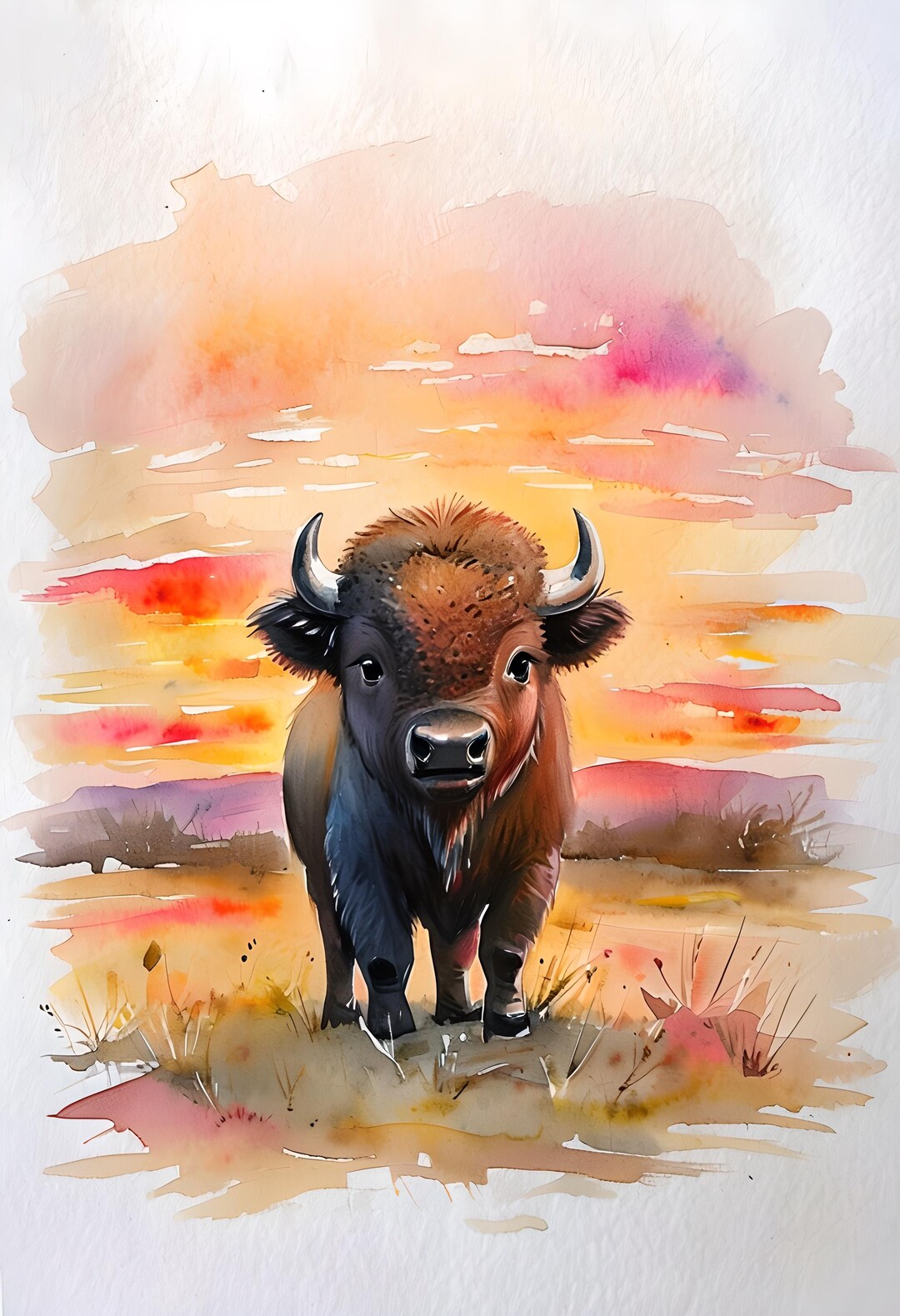 Baby Buffalo Watercolor Art | Sunset Bison Print | AI Digital Download ...