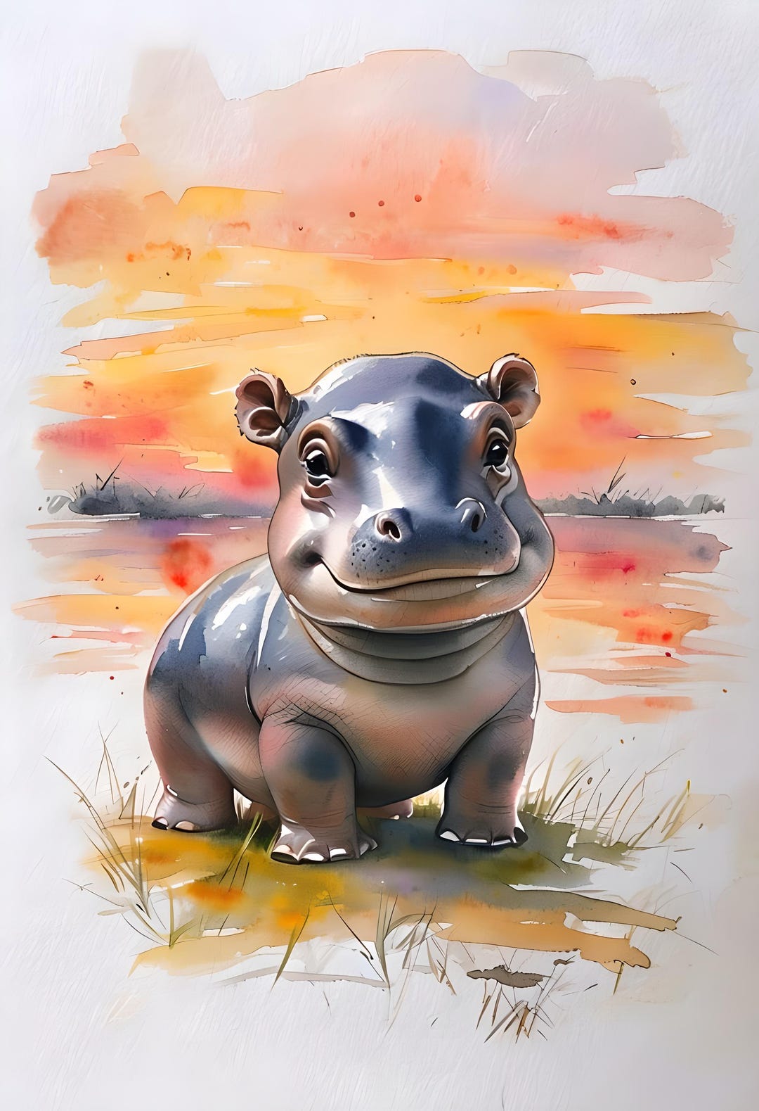 Baby Hippo Watercolor Art | Sunset Hippopotamus Digital Download | AI ...