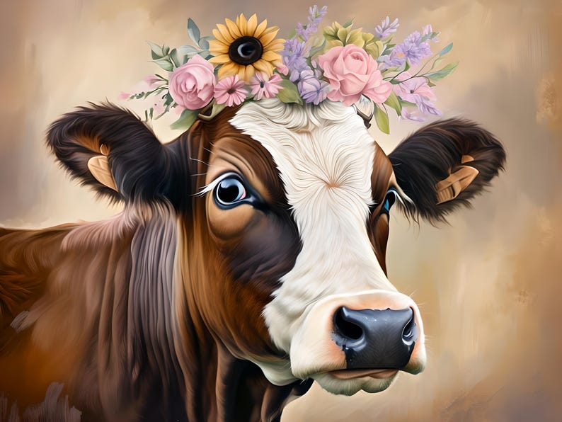 Floral Cow Wall Art | Cow With Flower Crown Printable | Boho Farmhouse ...