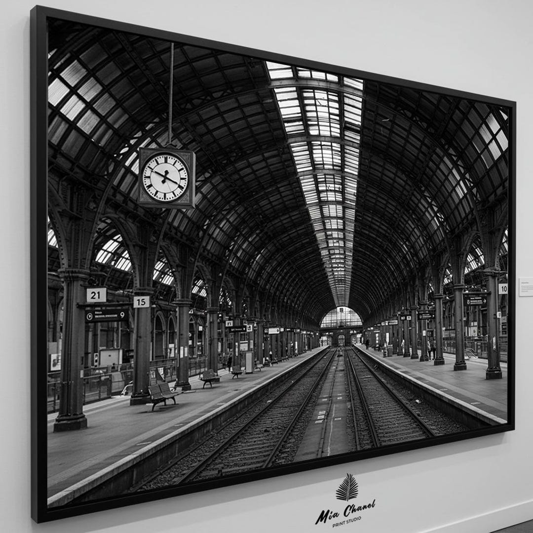Grand Train Station Interior, Black and White Art, Vintage Railway ...