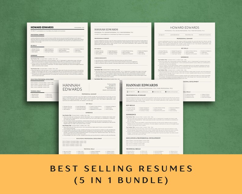 Resume Bundle 5 Best Selling Pack Single-column CV Cover Letter Modern ...
