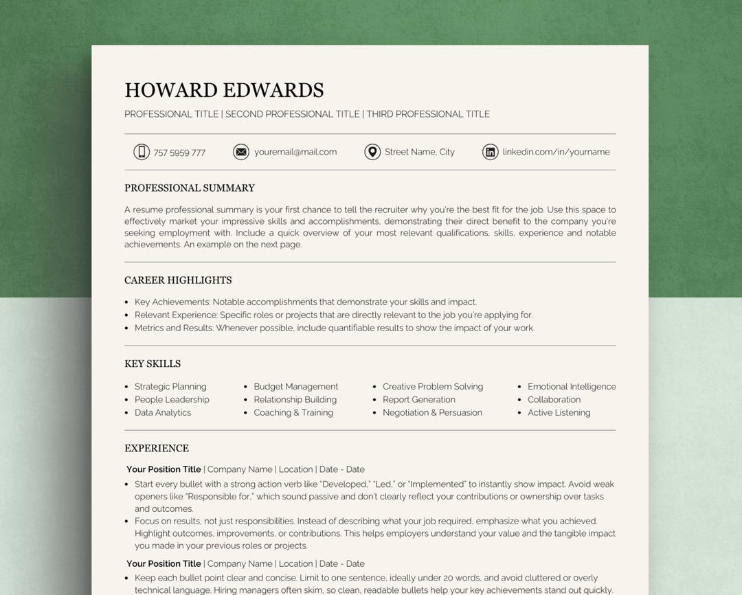 Professional Single-column Resume Template for Job Applications CV ...