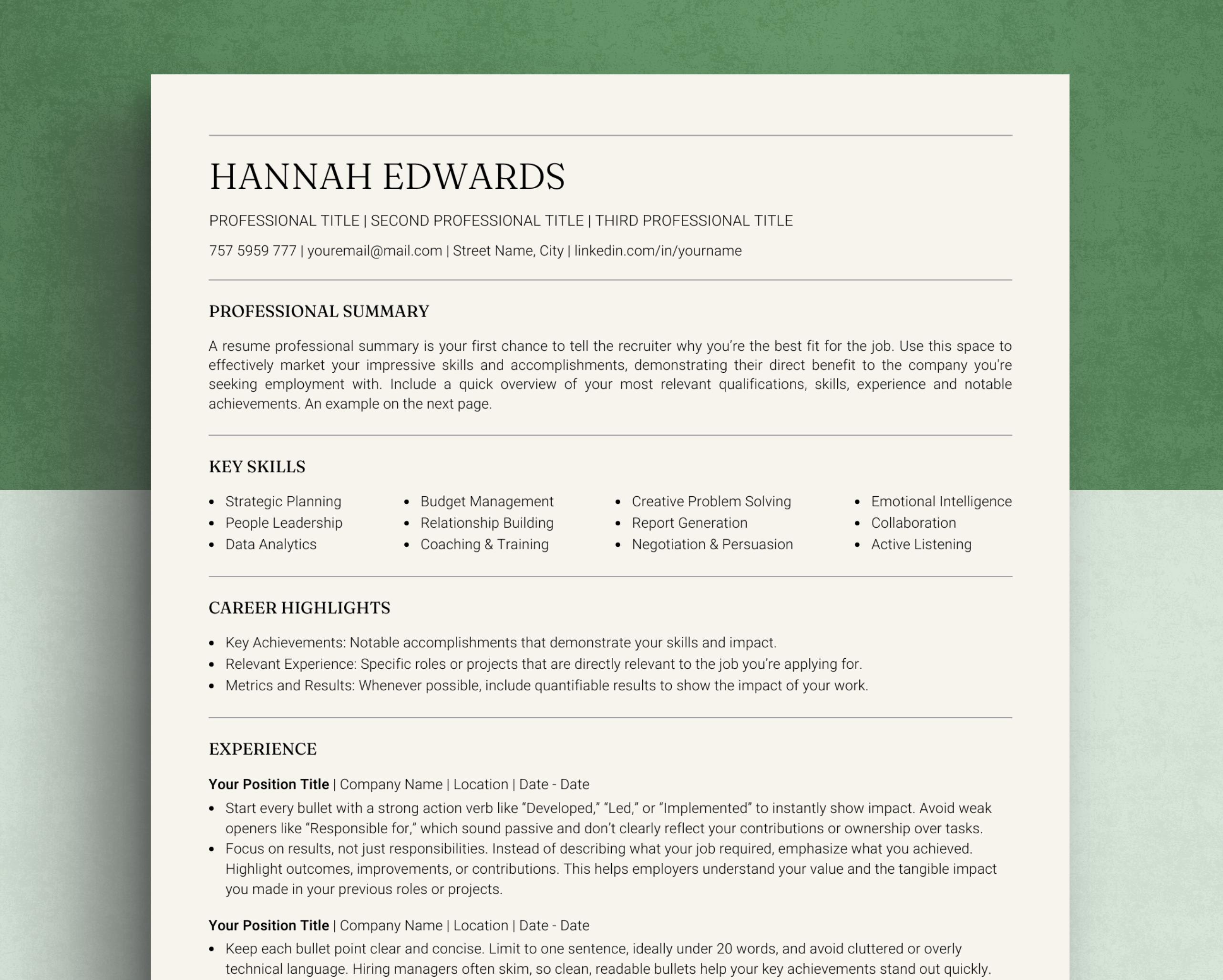 Professional Single-column Resume Template for Job Applications CV ...