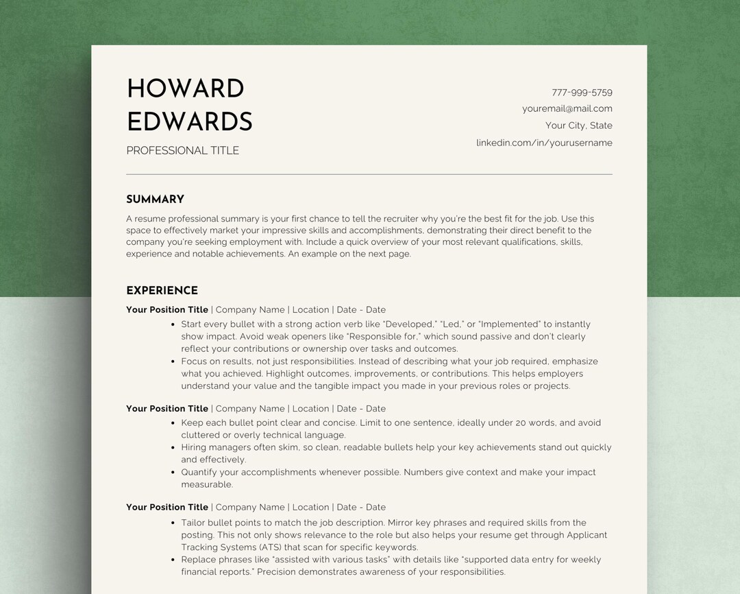 Single-column Resume Template for Job Applications CV Cover Letter ...