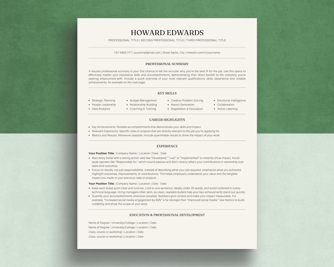Curriculum Vitae Single-column Resume Template for Job Applications CV ...