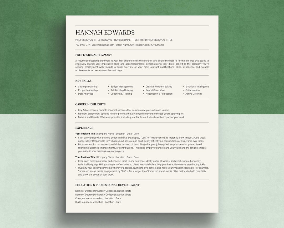 Professional Single-column Resume Template for Job Applications CV ...