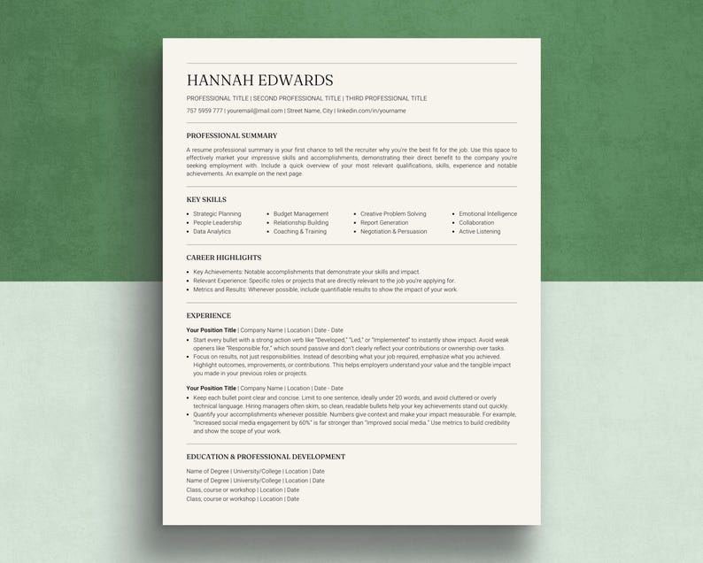 Professional Single-column Resume Template for Job Applications CV ...
