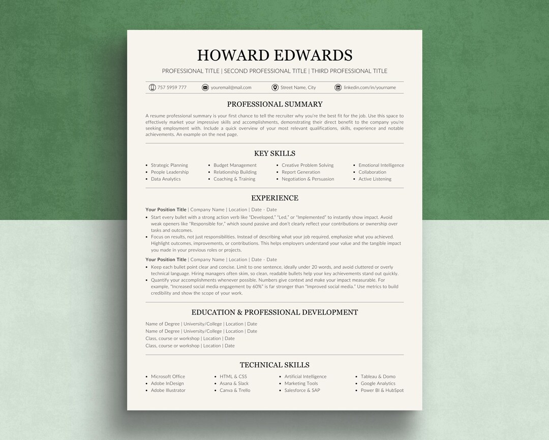 Single-column Resume Format CV Cover Letter Creative ATS Compatible ...