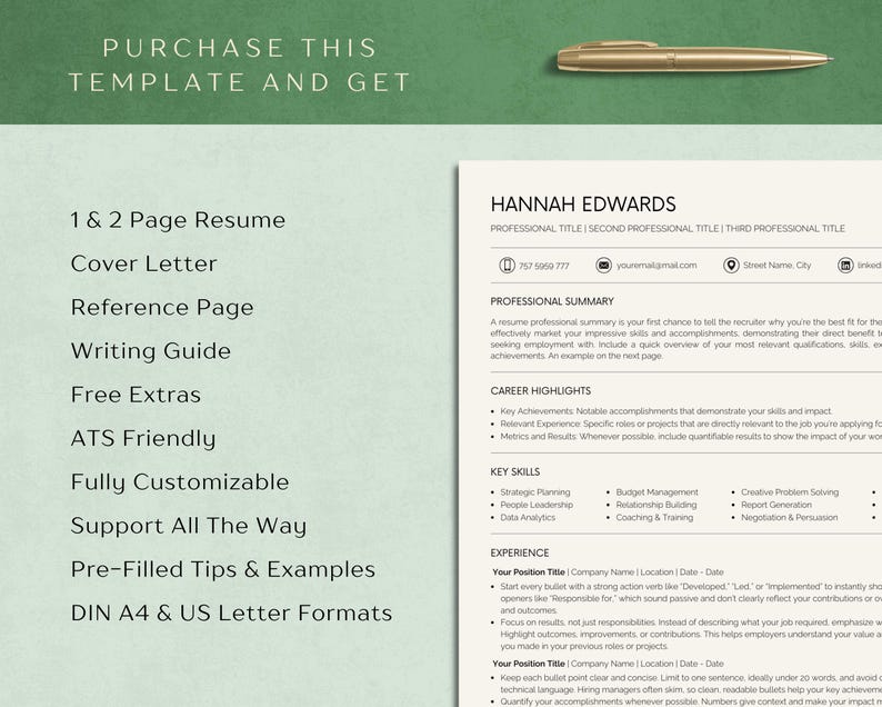 One-column Resume Template for Job Applications CV Cover Letter ...