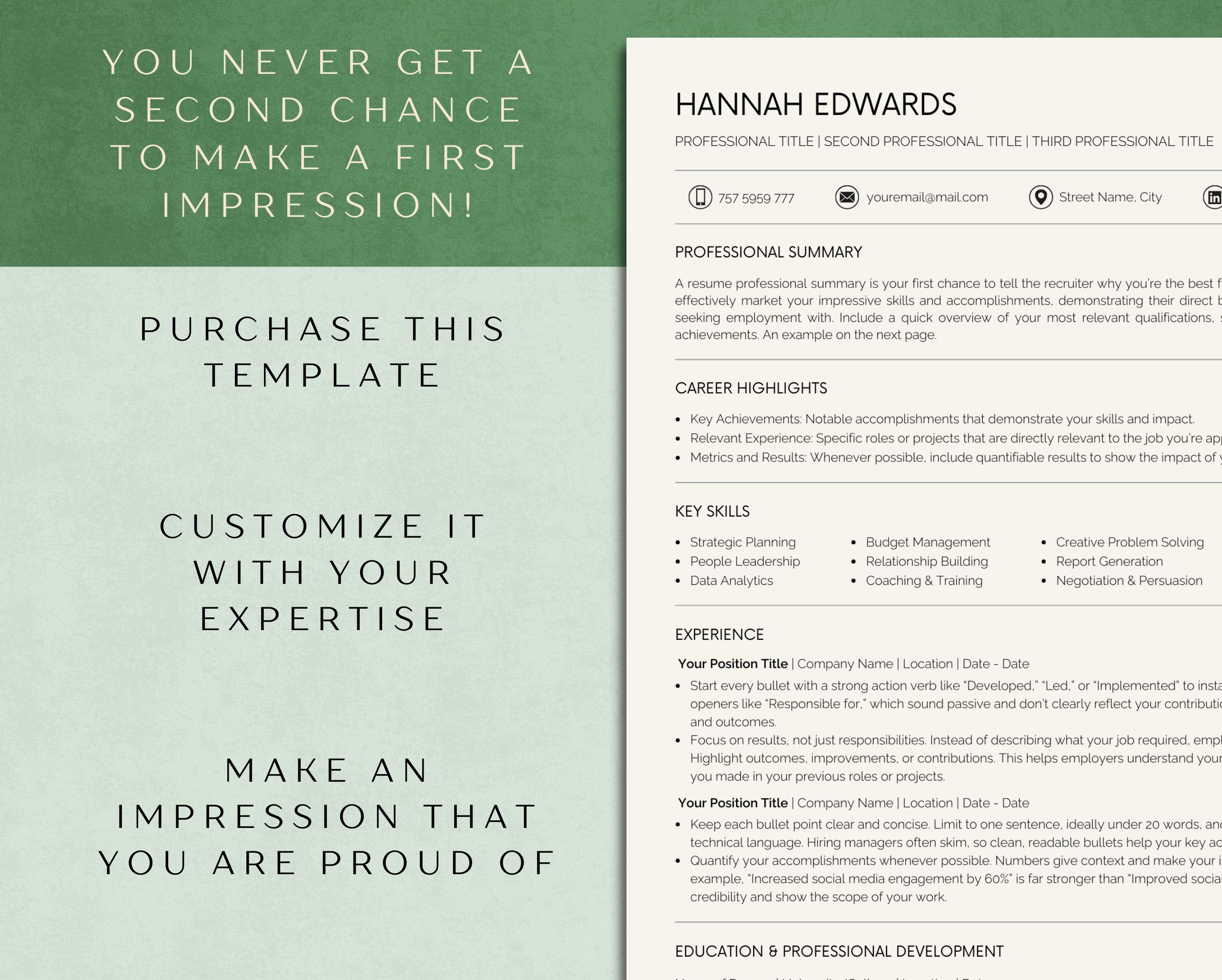 Single-column CV Template for Job Applications Resume Cover Letter ...