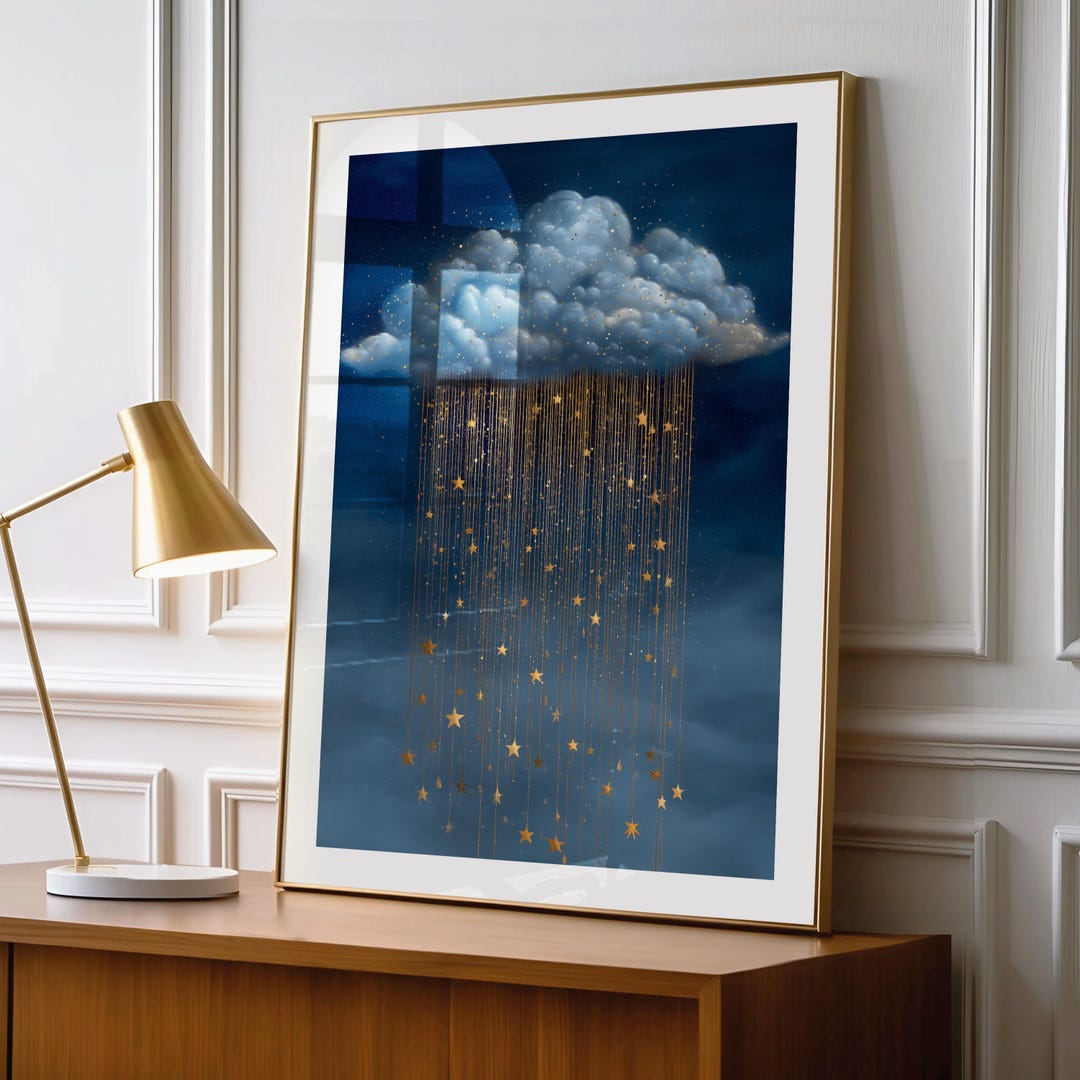 Blue Cloud Print With Stars | Dark Blue Gold Sky Artwork | Abstract Art ...