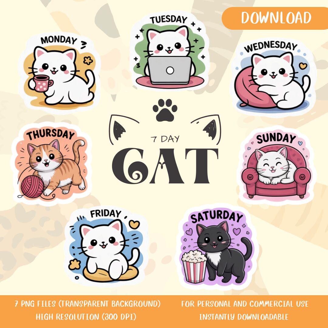 Cat Sticker Set – Cute Kawaii Cats for Each Day | PNG Digital Download ...