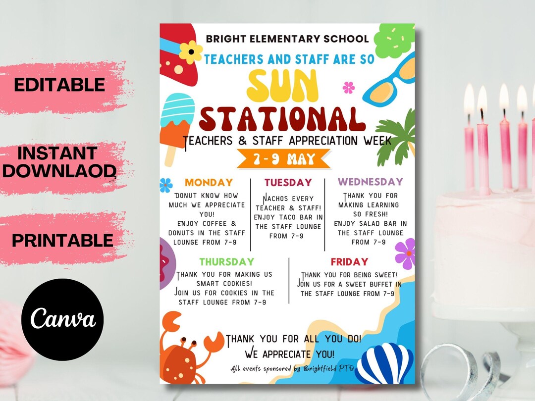 Editable Beach Theme Teacher & Staff Appreciation Sunsational Itinerary ...