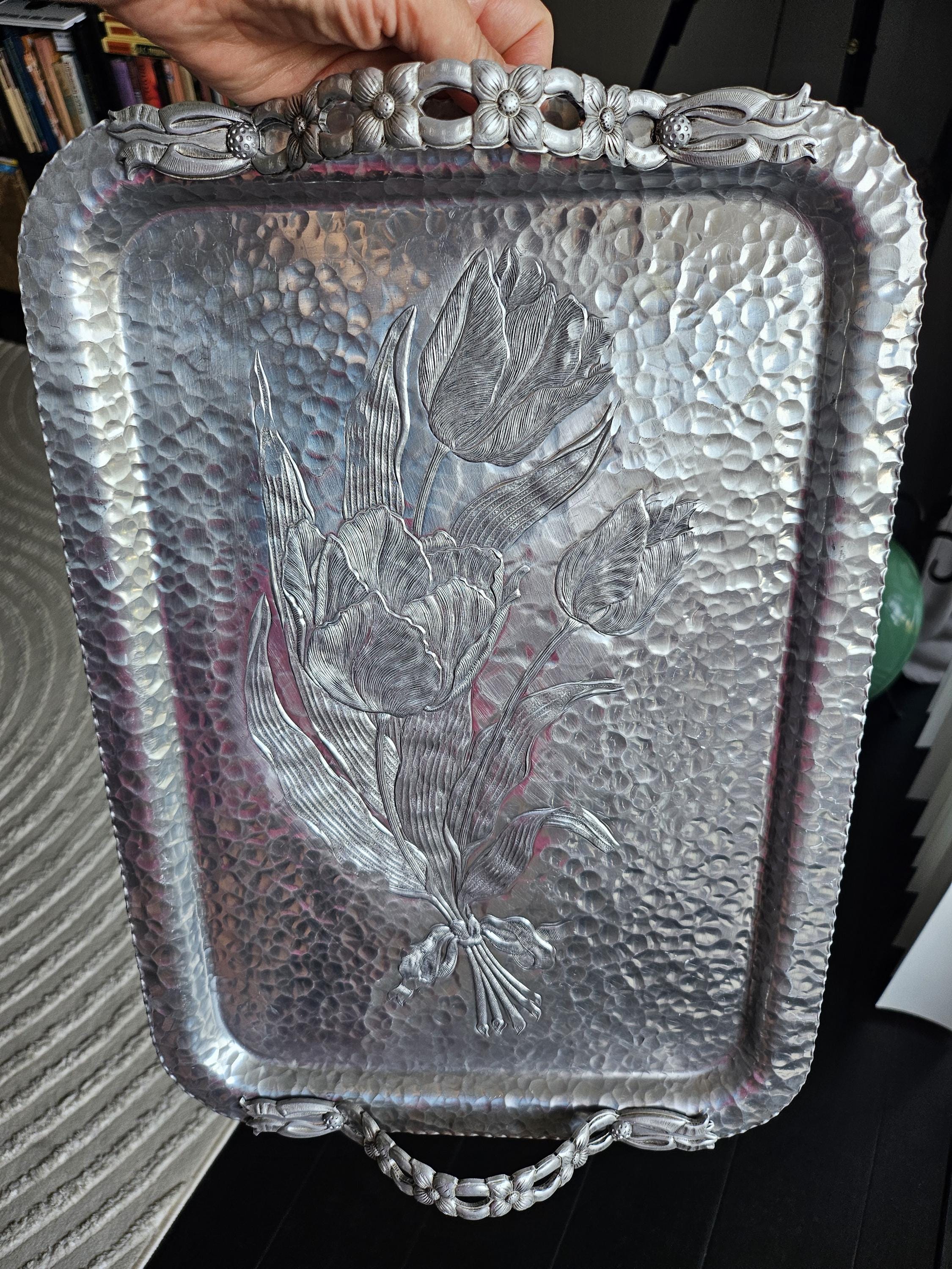Vintage Rodney Kent Hammered Aluminum Floral Serving Tray Ornate ...