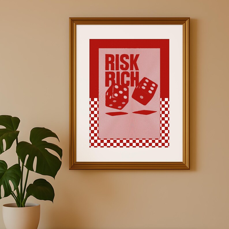 Risk Rich Poster Wall Art, Red Dice Print, Minimalist Motivation Art ...