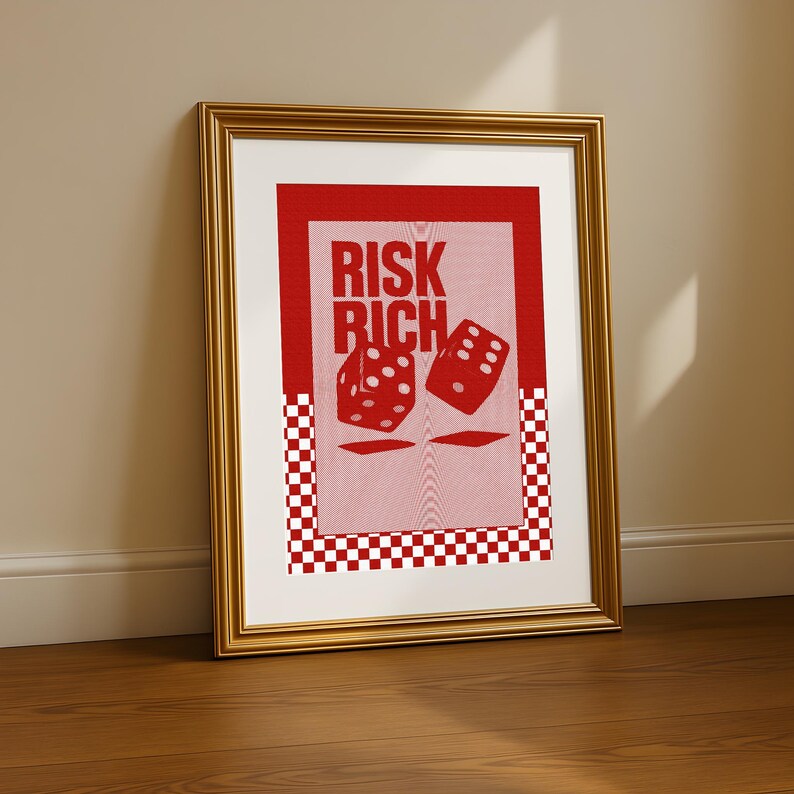 Risk Rich Poster Wall Art, Red Dice Print, Minimalist Motivation Art ...