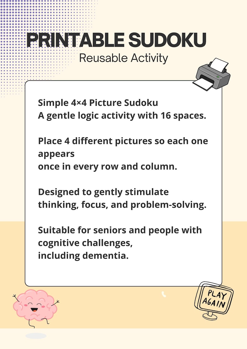 Printable Picture Sudoku for Seniors | Easy 4x4 Reusable Brain Activity ...