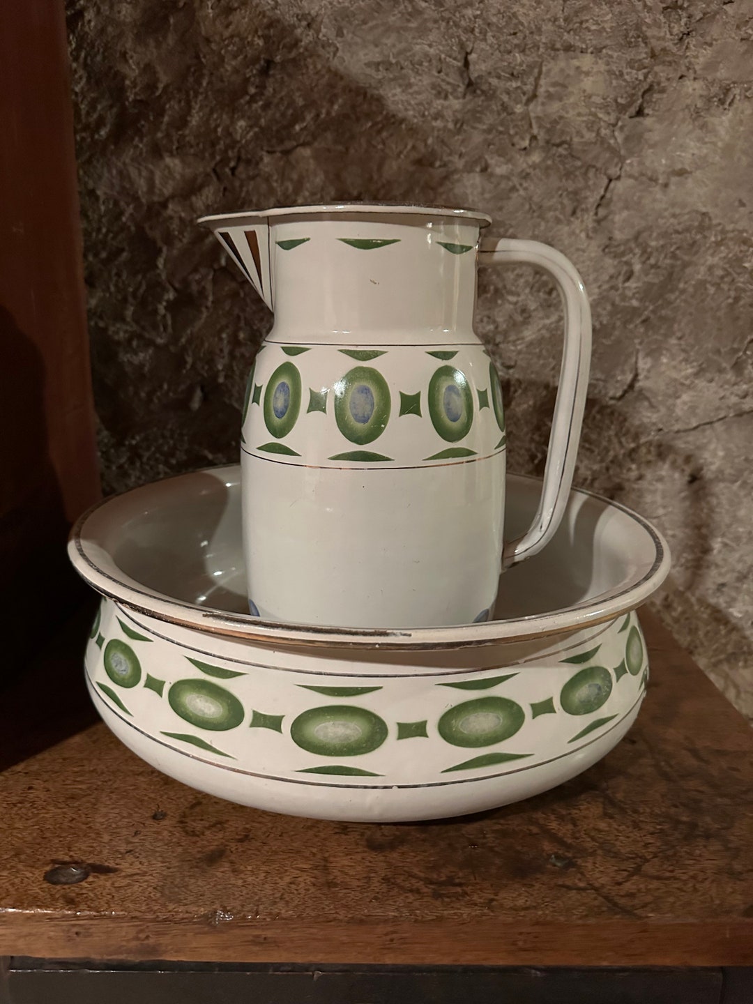 Antique French Country Graniteware Enamelware Blue, Green on Cream ...