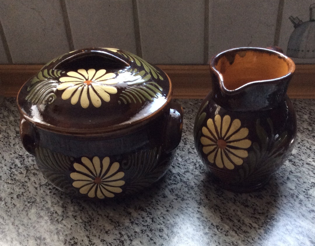 French Country Vintage Handmade Alsatian Pottery Pitcher Brown With ...