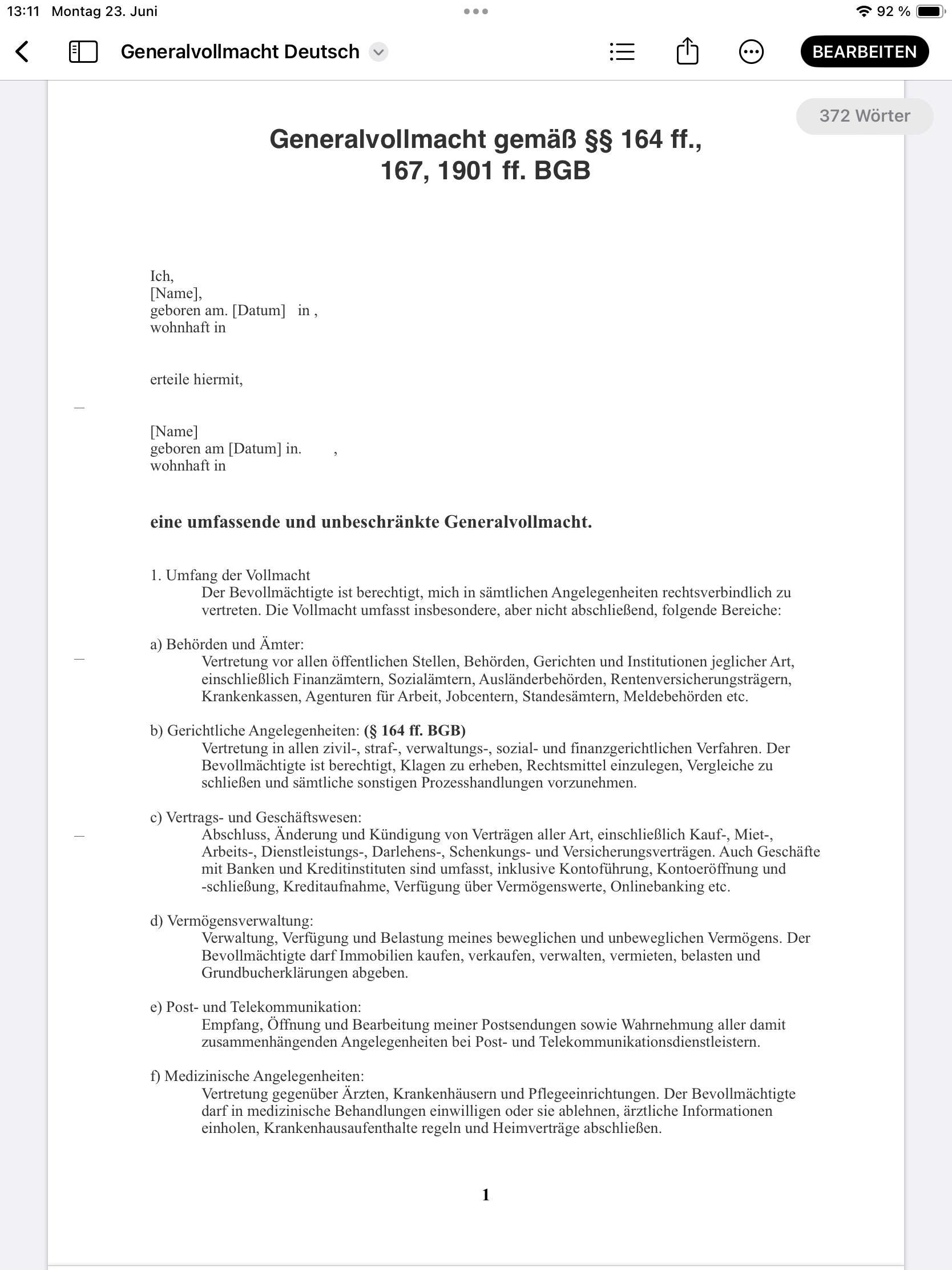 Generalvollmacht Fr Angehrige Vorlage