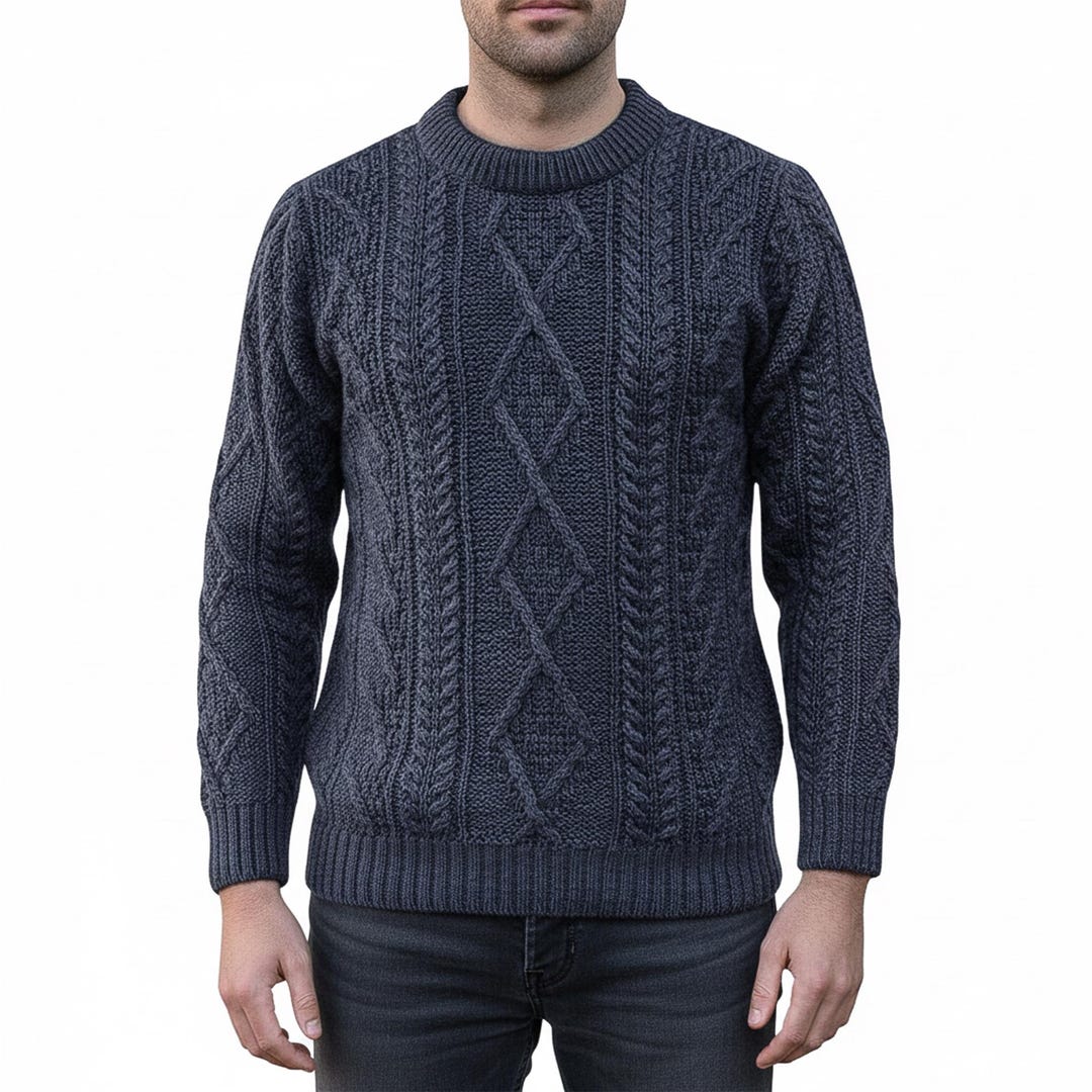 Navy Pure British Wool Cable Knit Fisherman Sweater: Crew Neck Jumper ...