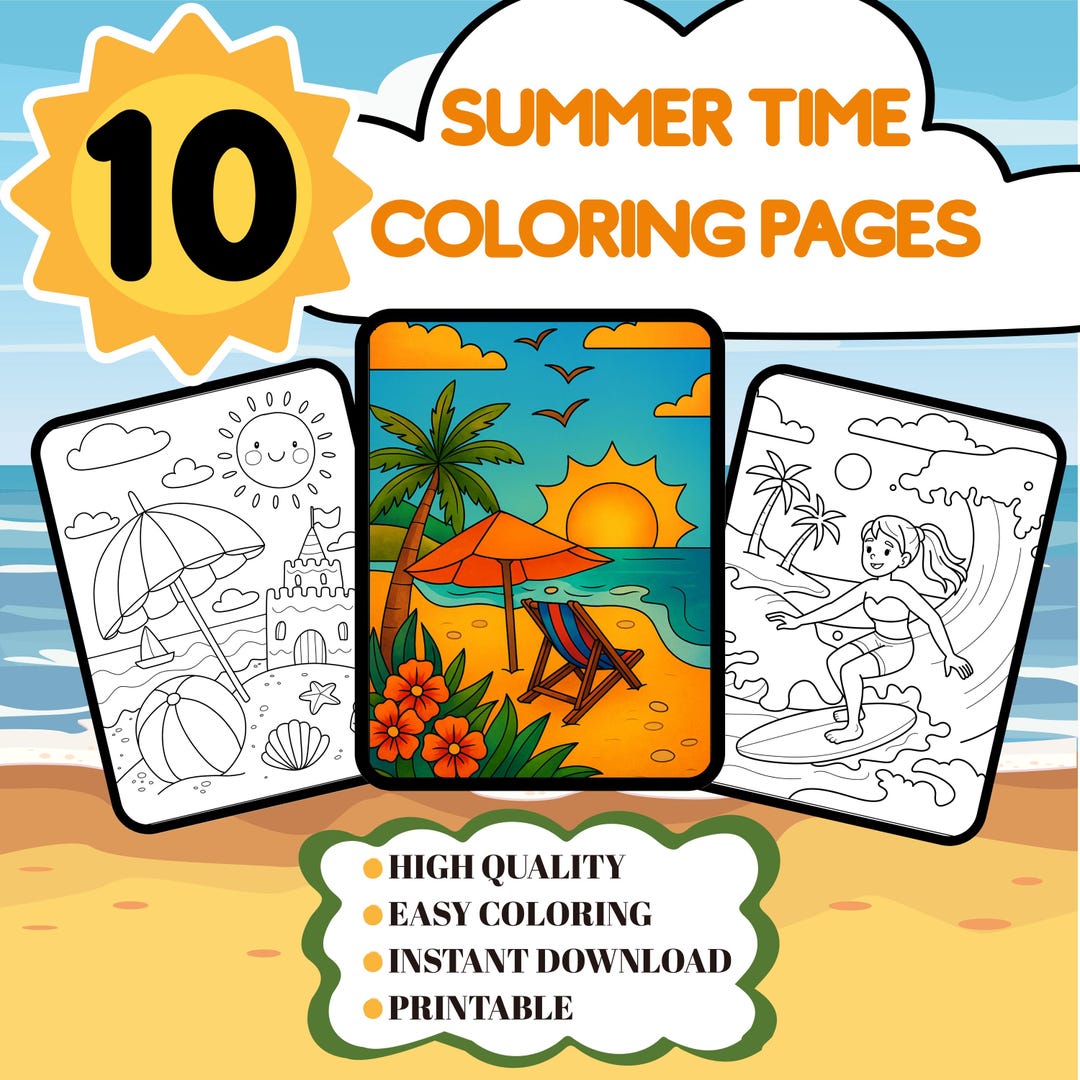 Summer Time Coloring Pages, Fun Holiday Printable Sheets, Beach and Sun ...