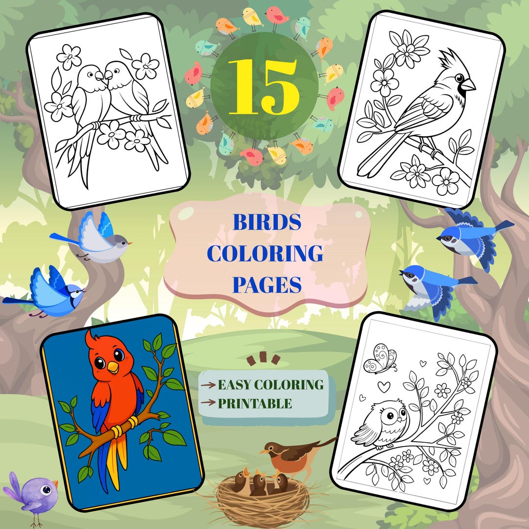 Cute Birds Coloring Pages, Printable Bird Art for Kids, Forest Animal ...