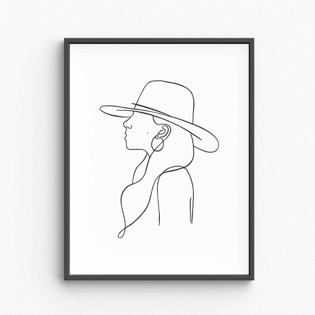 Minimalist Stylish Woman With Hat Line Art, Chic Female Portrait ...