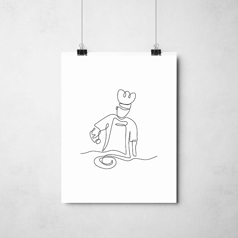 Minimalist Chef Line Art, Kitchen Wall Print, Black White Cook Drawing ...