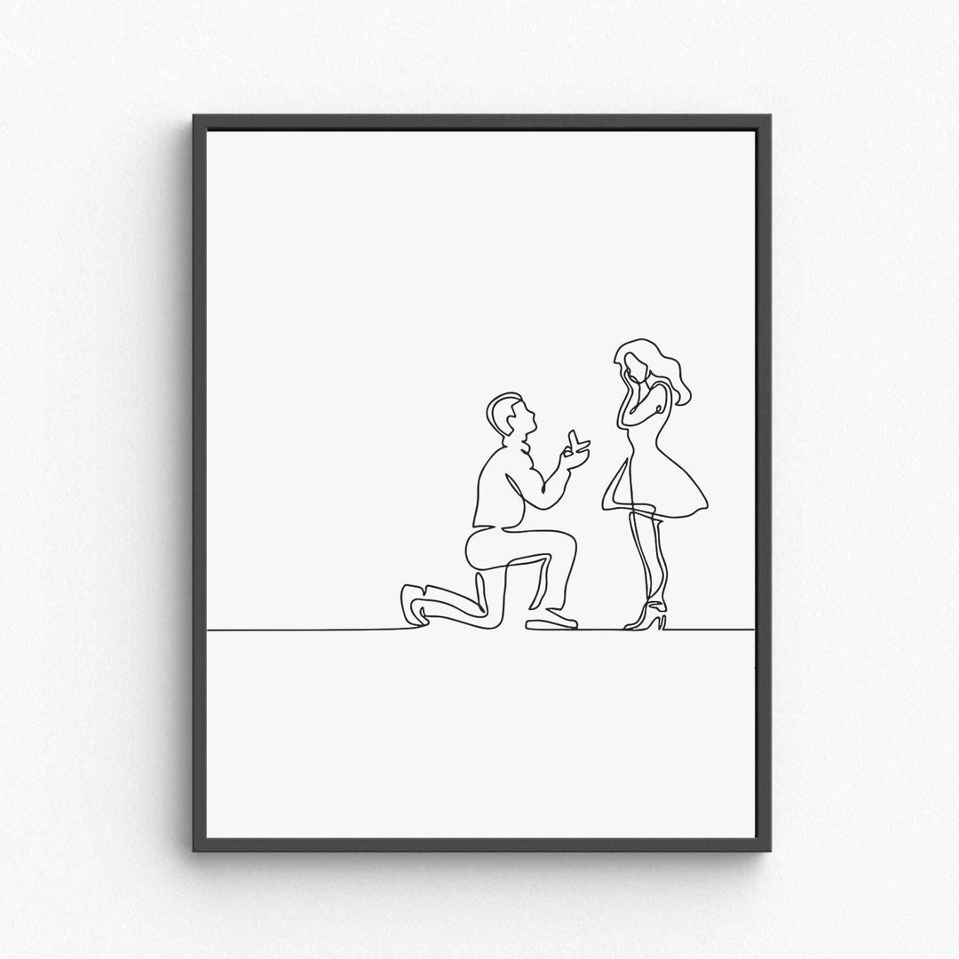 Marriage Proposal Line Art Print, Romantic Couple Illustration (digital ...