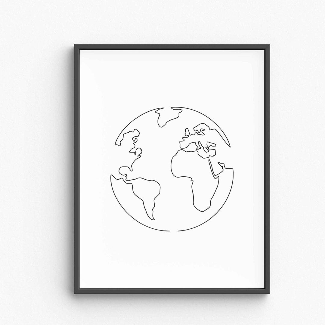 Minimalist World Map Line Art Print, Black and White Globe (digital ...