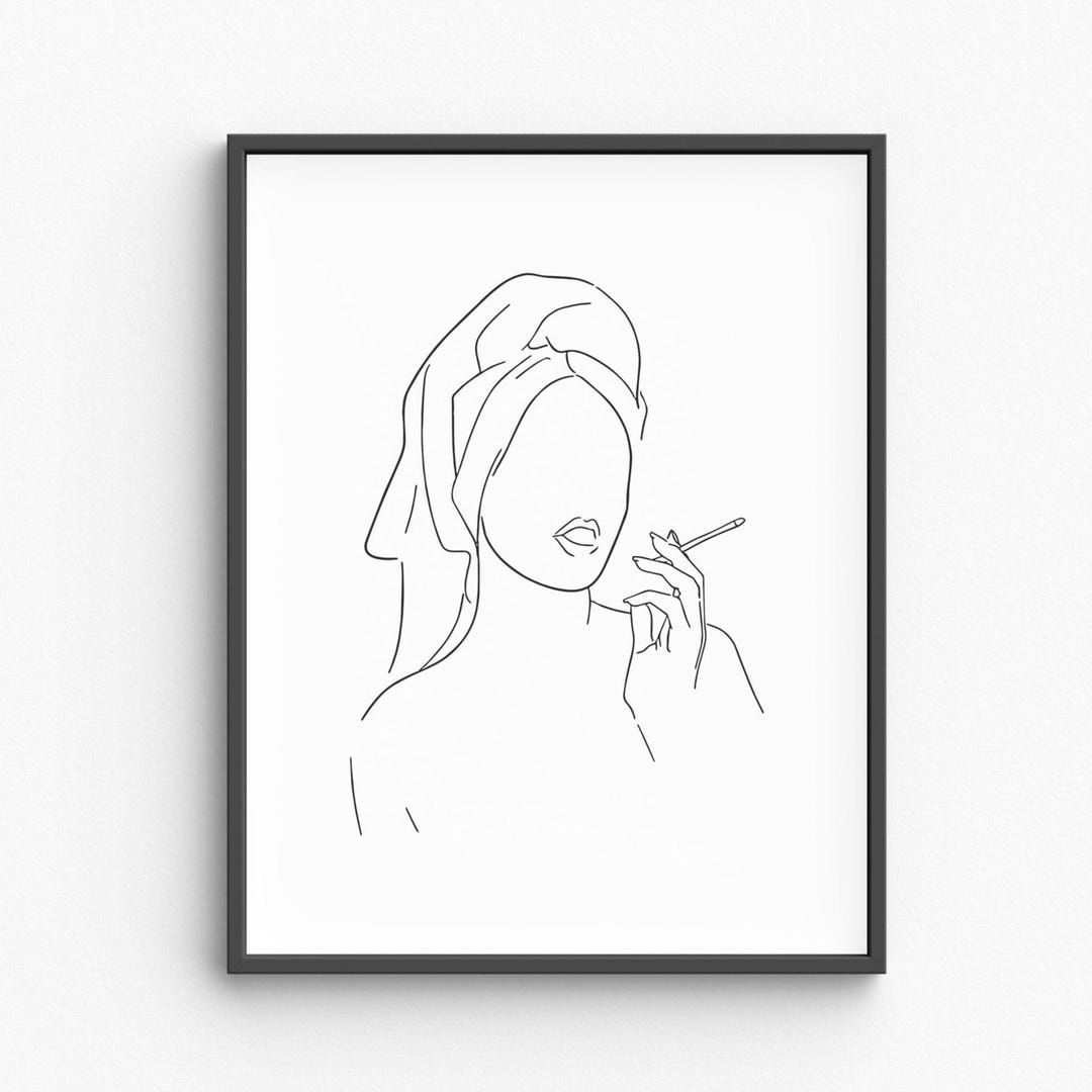 Minimalist Woman Smoking Line Art, Cool Female Drawing, Black White ...