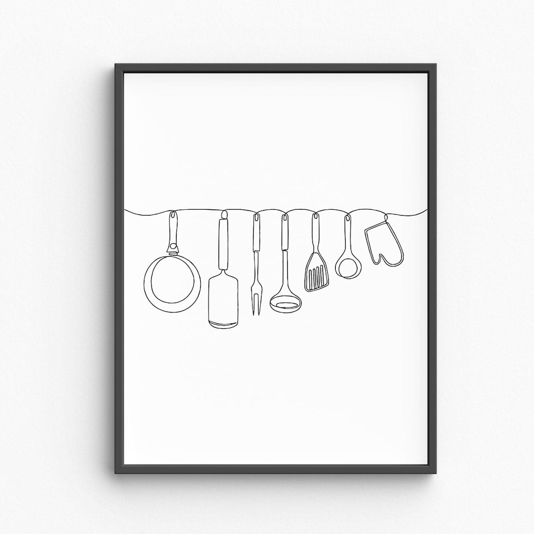 Kitchen Utensils Line Art, Cooking Tools Print, Minimalist Kitchen Wall ...