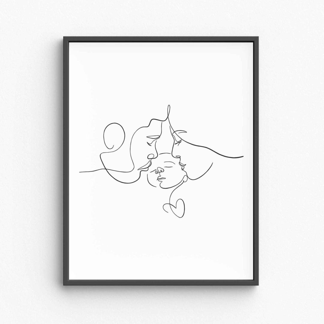 Minimalist Family Line Art, Mom Dad Baby Silhouette Drawing, Parenthood ...