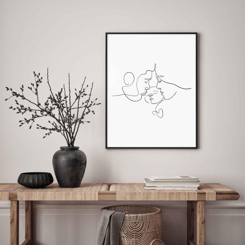 Minimalist Family Line Art, Mom Dad Baby Silhouette Drawing, Parenthood ...