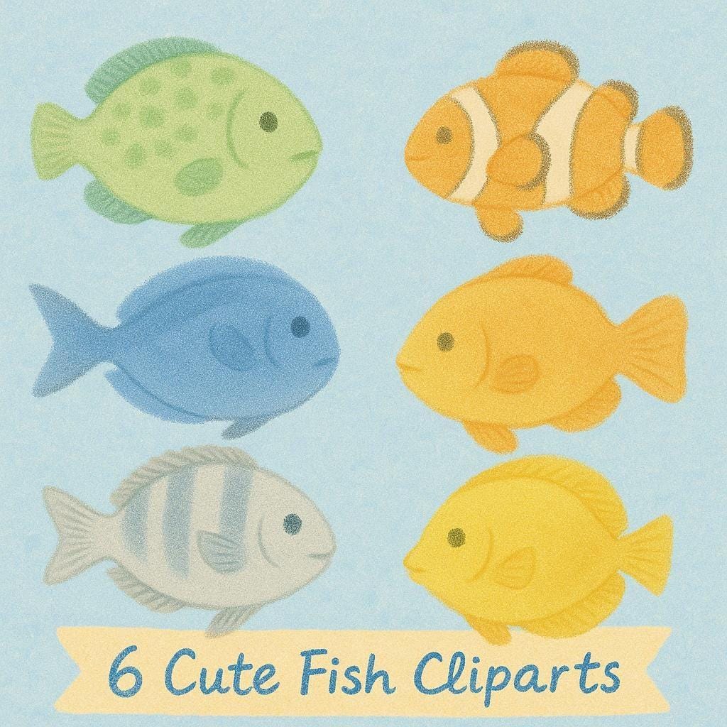 Fish Clipart Set – 6 Cute Sea Animals PNG | Hand Drawn Colored Pencil ...