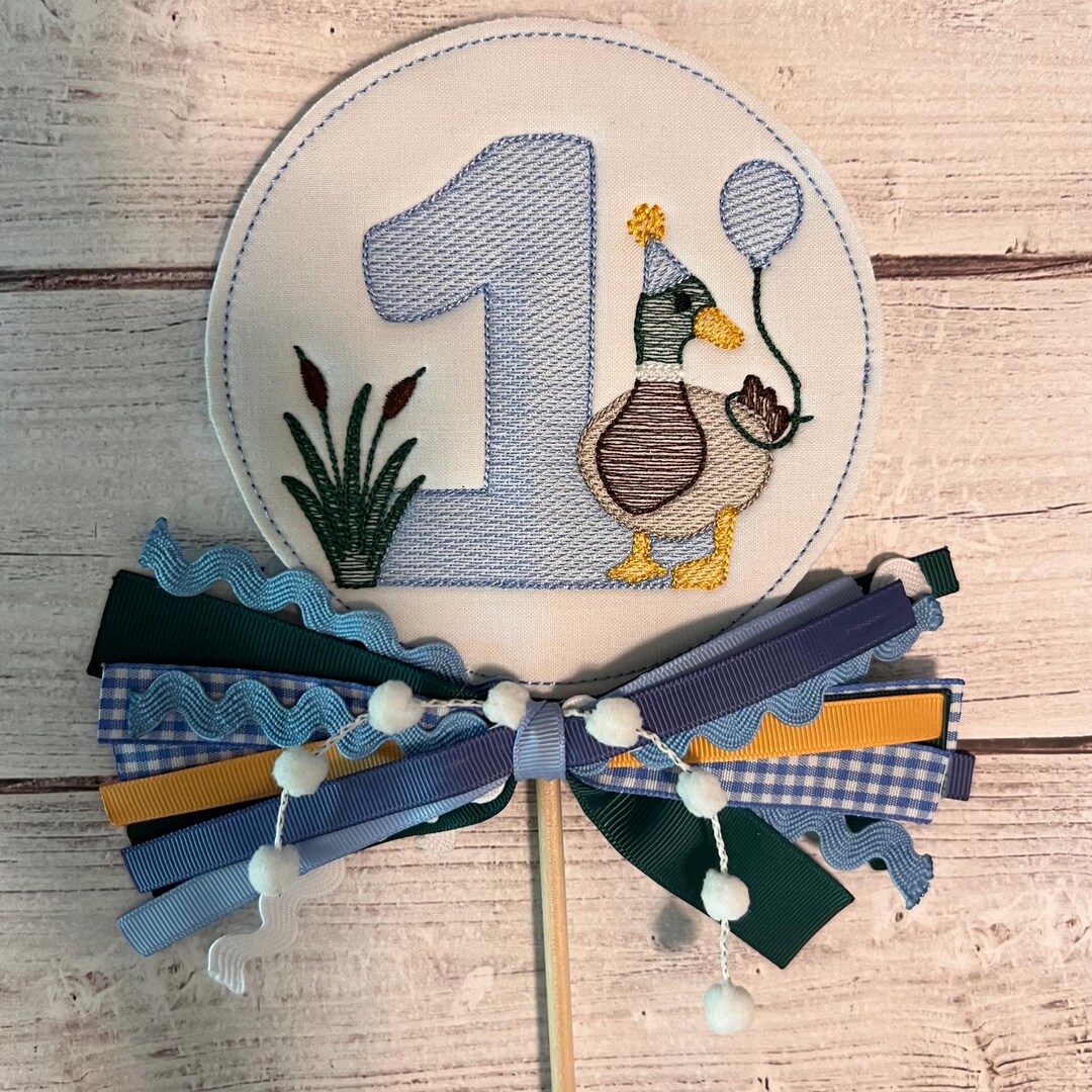 Custom Embroidered Duck 1st Birthday Cake Topper With Ribbons - A ...