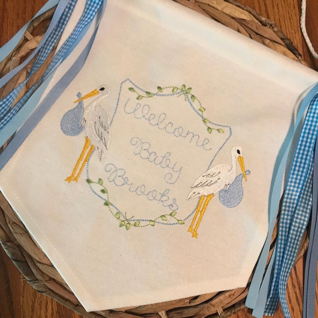 Welcome Baby Stork Nursery Banner, Embroidered Nursery Banner ...