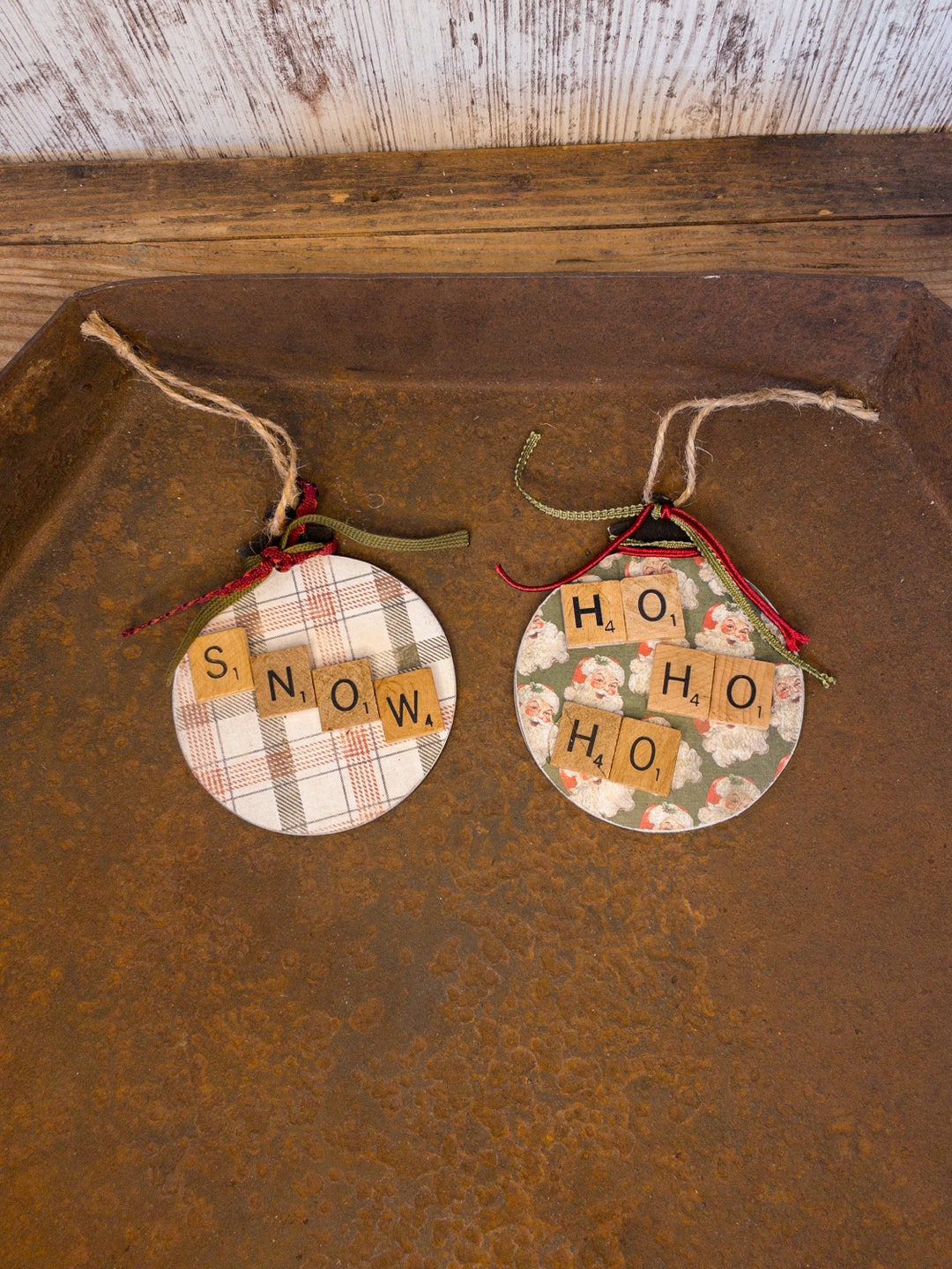 Round Christmas Ornaments/ Handmade Holiday Wooden Ornaments / Scrabble ...